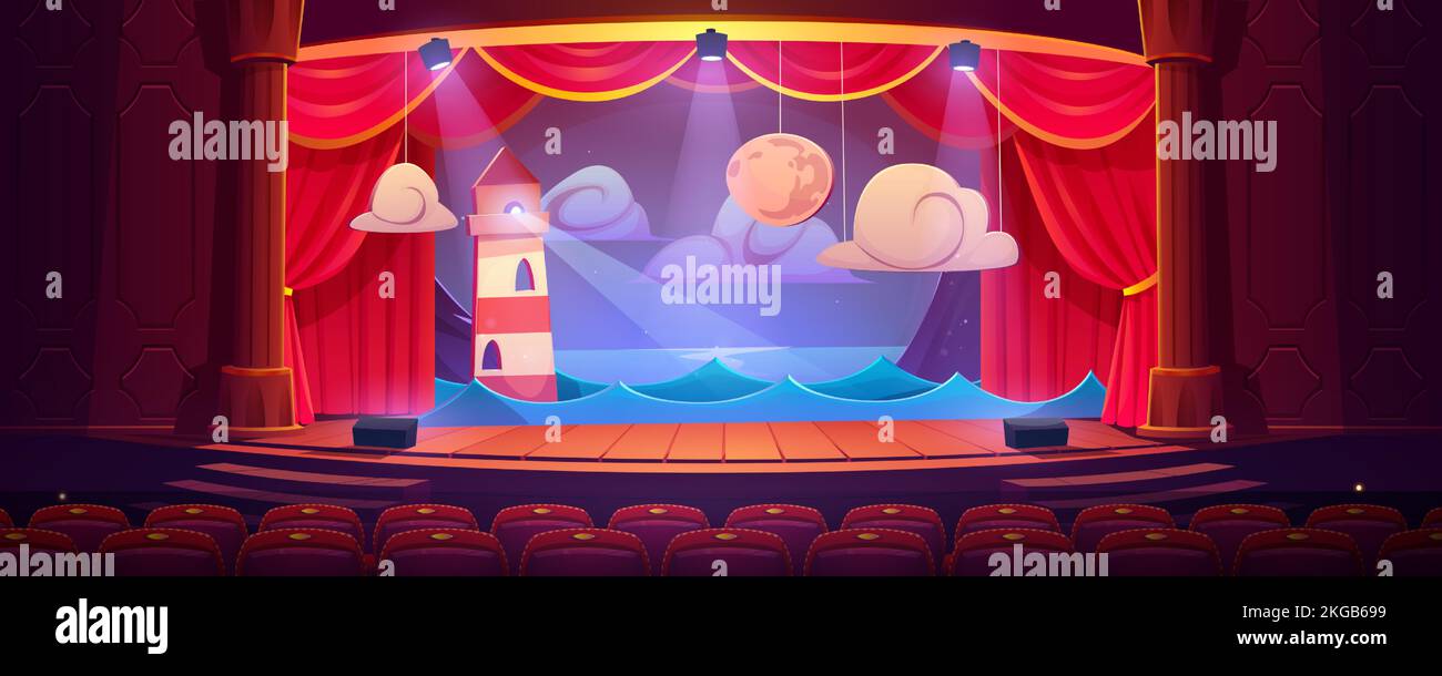 Theater stage with red curtains, seats and decoration beacon, sea waves ...