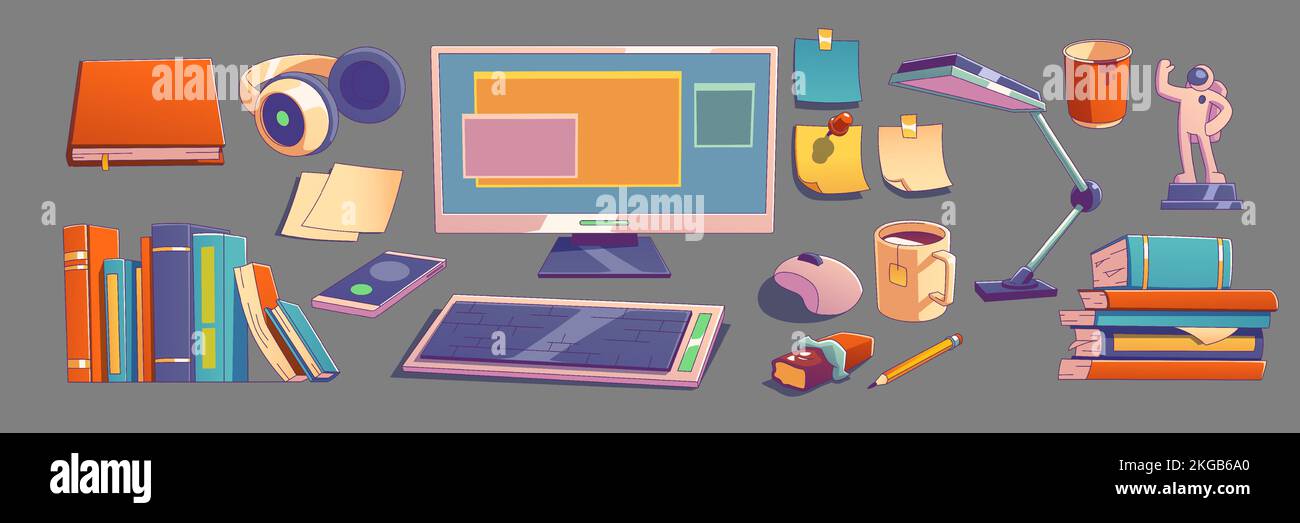 Set Of Workplace Objects Computer Monitor Keyboard Mouse Smartphone