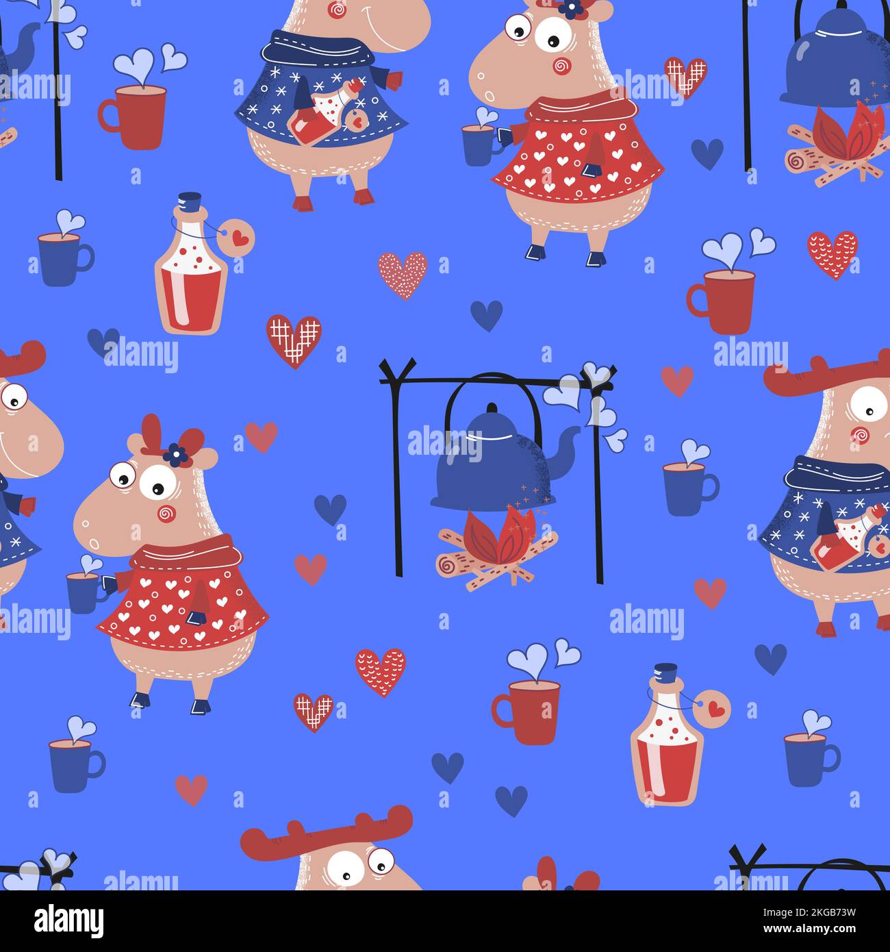 ELK WALK Valentine Day Holiday Animal Cartoon Seamless Pattern Vector ...