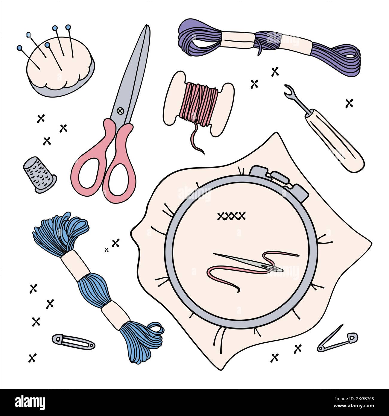 EMBROIDERY WORK Needlewoman Accessories Cartoon Vector Illustration ...