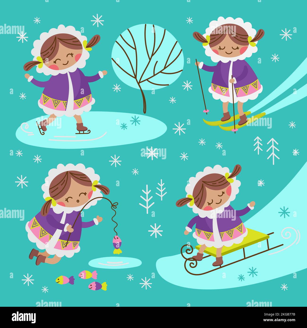 ESKIMO GIRL Alaska Winter Child Characters Comic Funny Flat Design ...