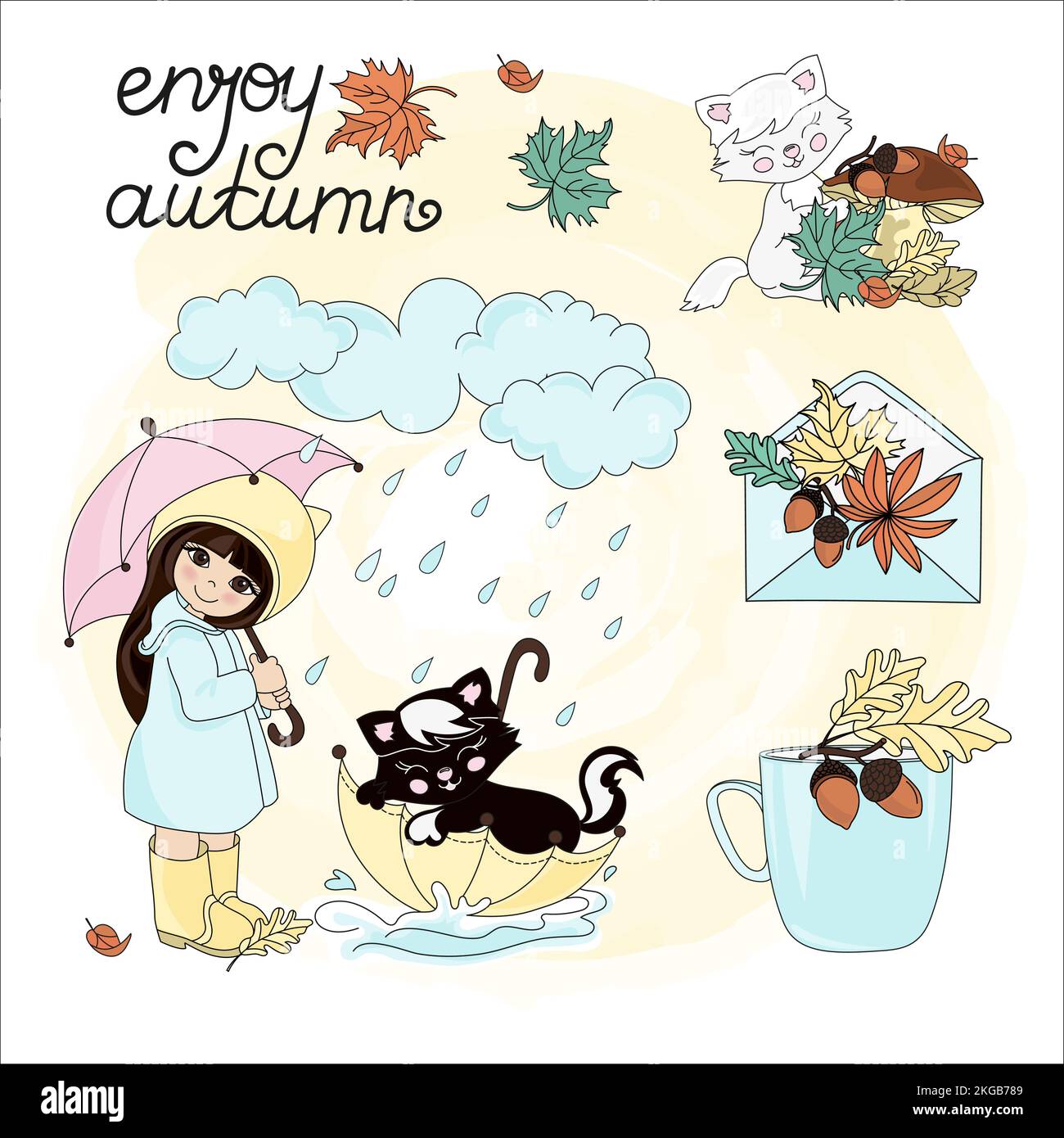 ENJOY AUTUMN Fall Season Weather School Children Cartoon Vector ...