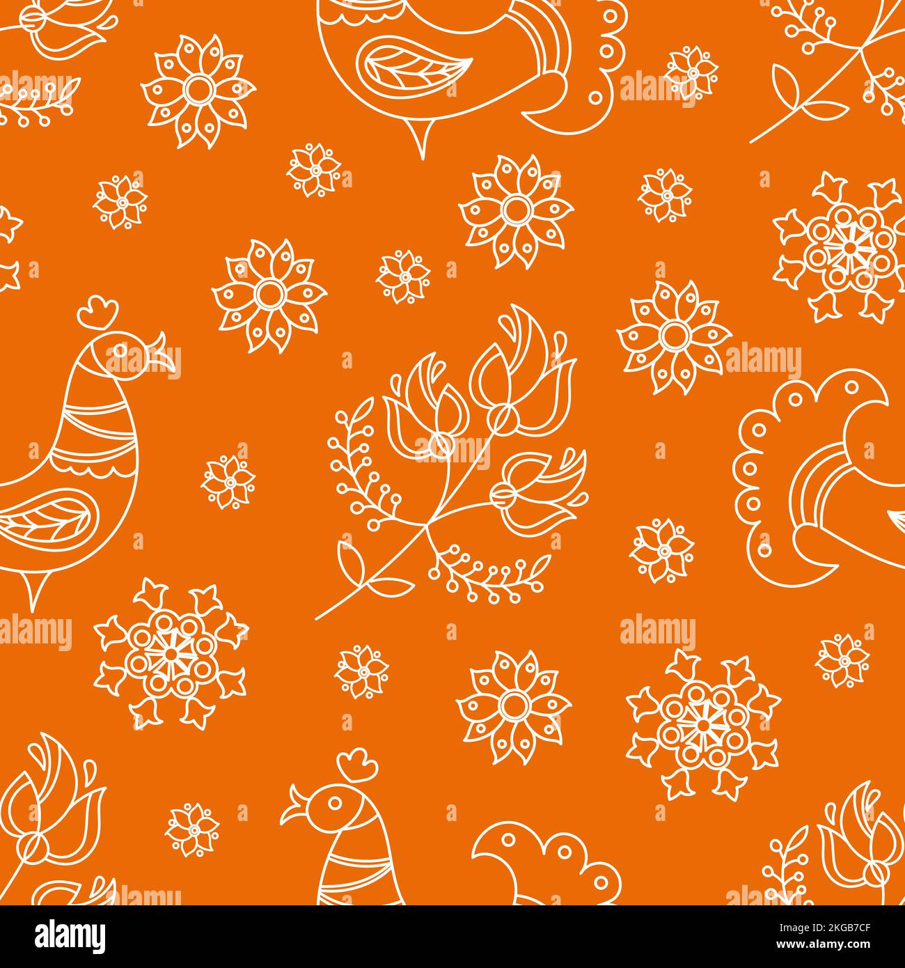 ETHNIC ORANGE Folk Doodle Ornament Cartoon Vector Illustration Seamless ...