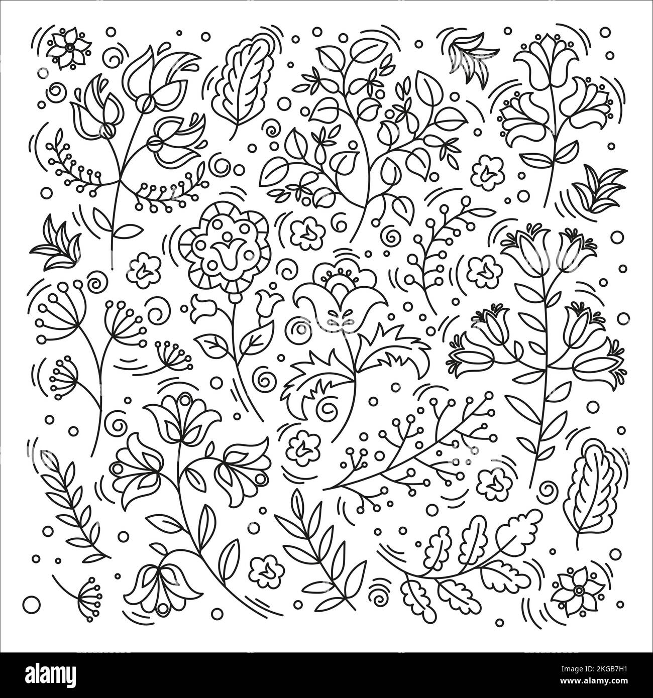 ETHNO FLOWER Monochrome Folk Traditional Doodle Ornament Cartoon Vector ...
