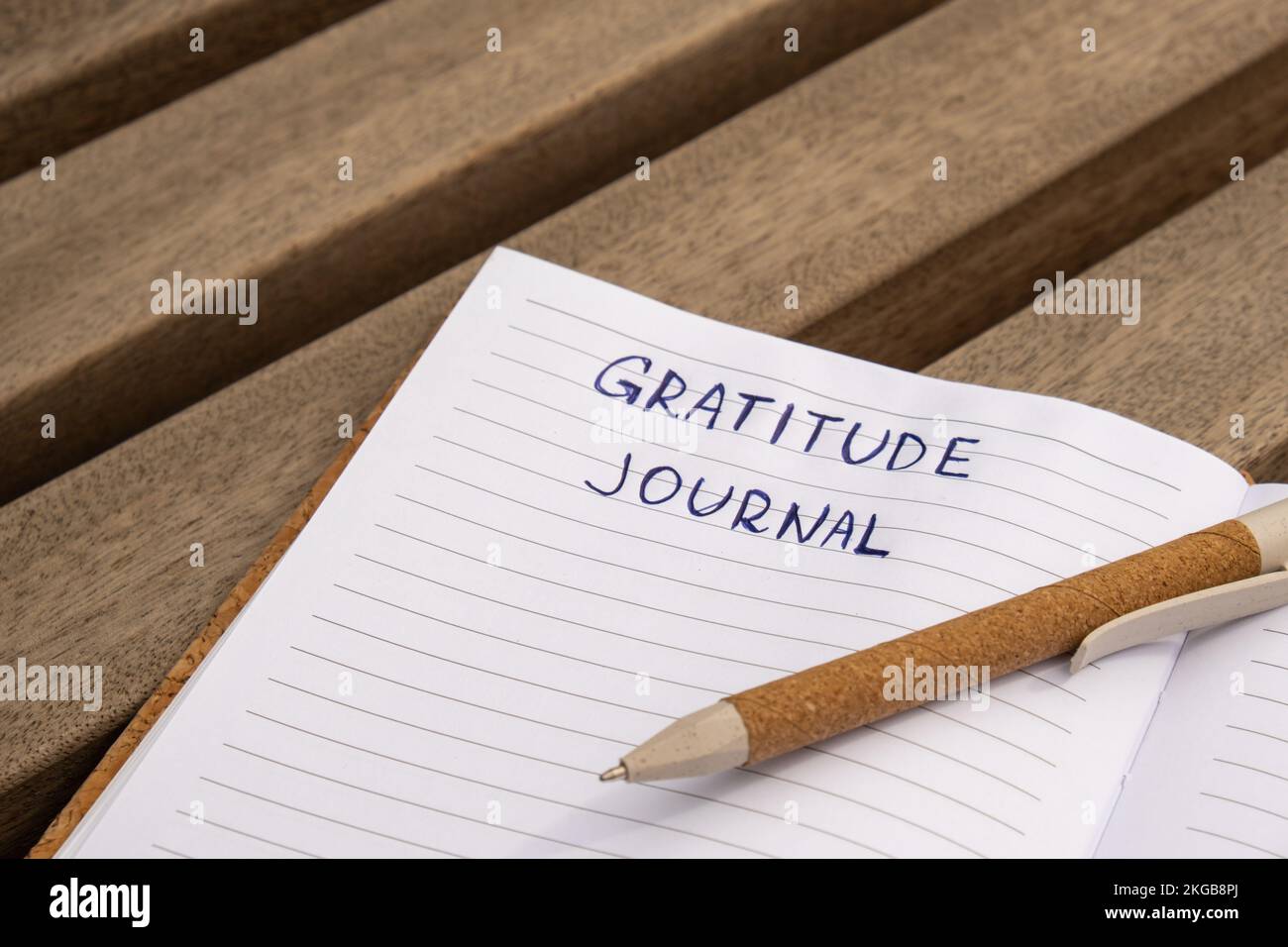 Writing Gratitude Journal on wooden bench. Today I am grateful for ...