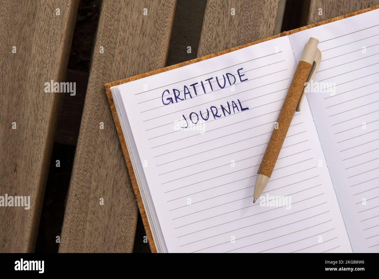 Writing Gratitude Journal on wooden bench. Today I am grateful for ...
