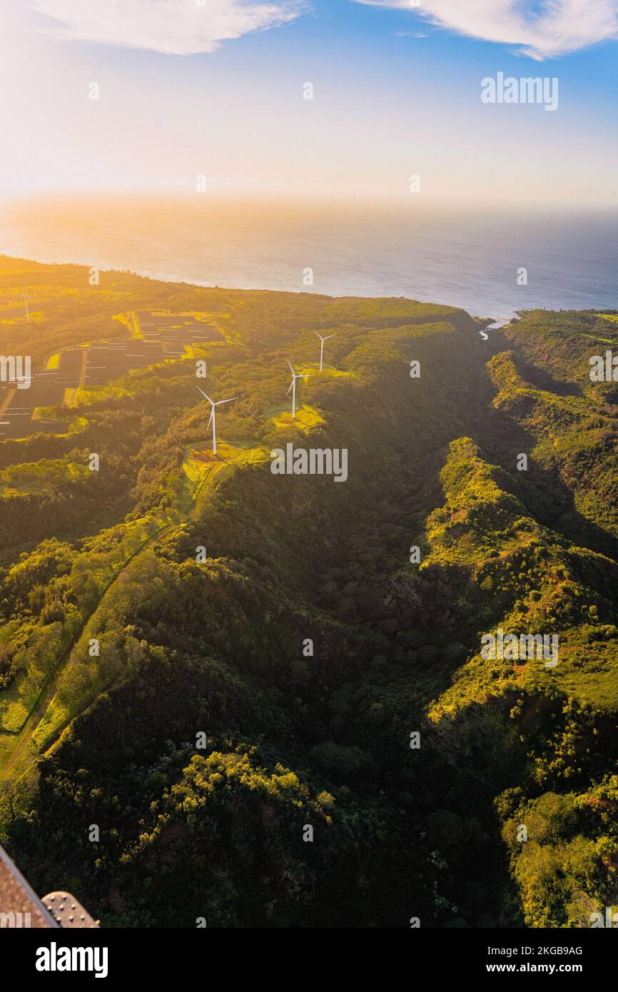 A beautiful view from a Helicopter over Oahu green range hills with ...