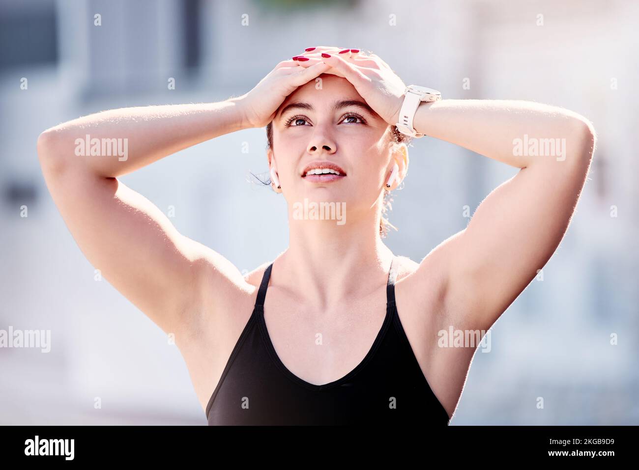 Athlete woman, disappointed and hands on head, sad and loser at ...