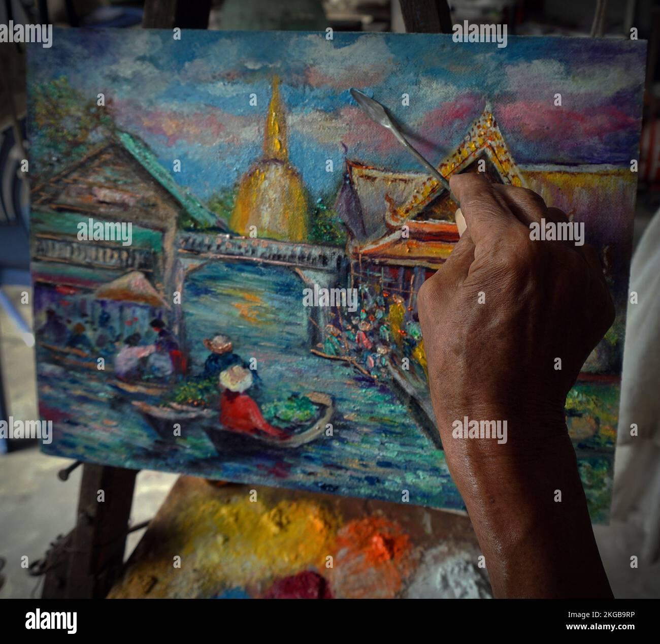 painting Oil color Floating market Thailand , Countryside , local way ...