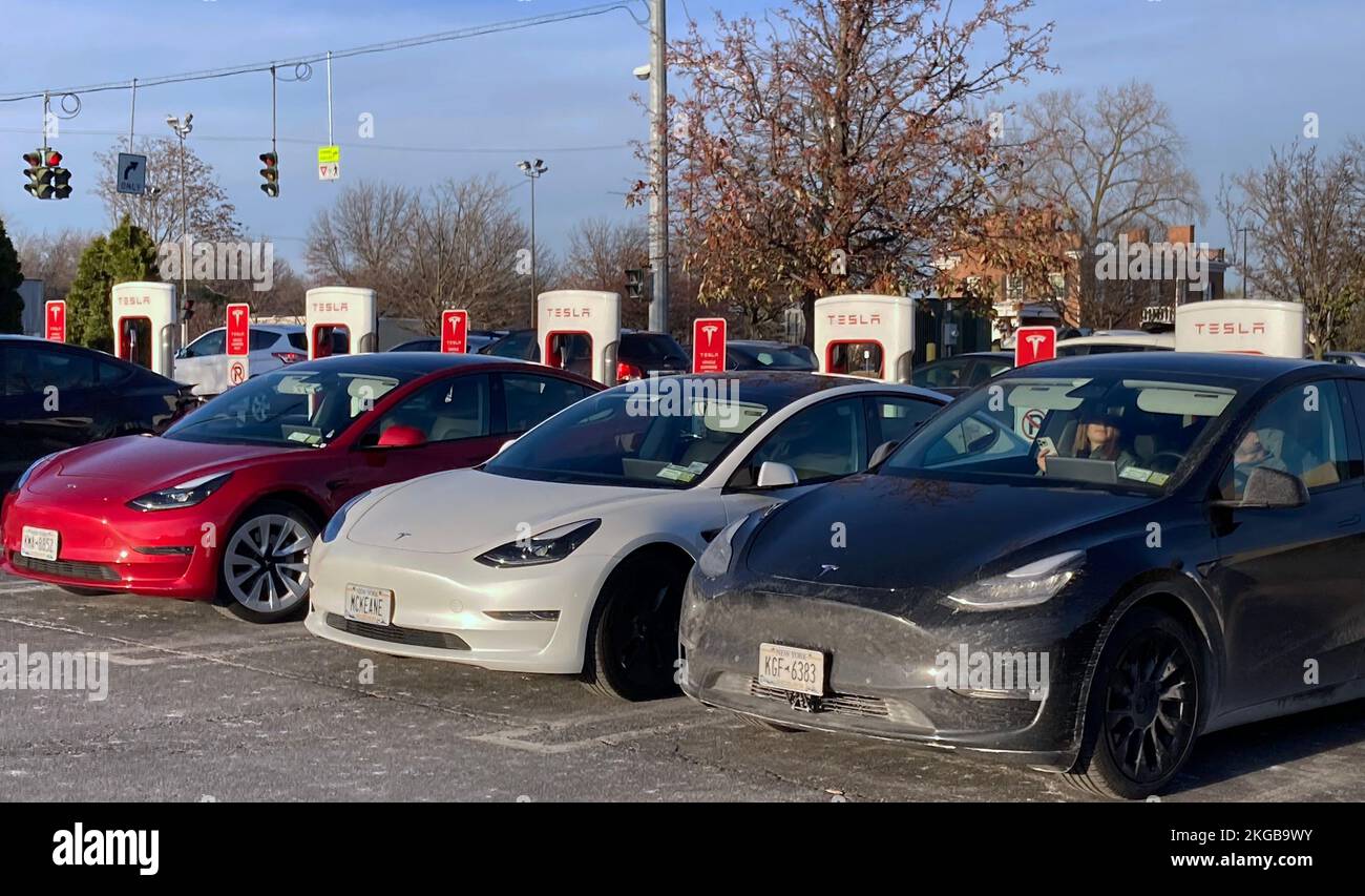 Tesla vehicles are seen at a charging station in Colonie. Telsa has ...
