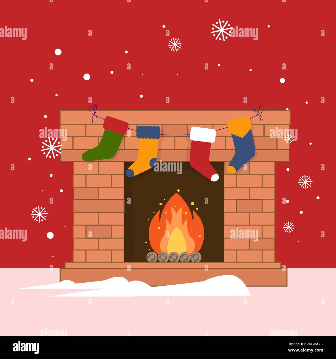Burning firewood in fireplace. Christmas fireplace scene concept in ...