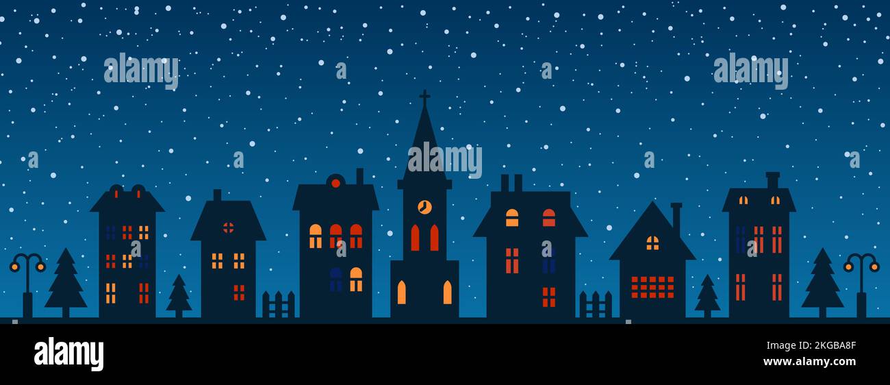 Night street in neighborhood of city. Skyline of houses in town ...