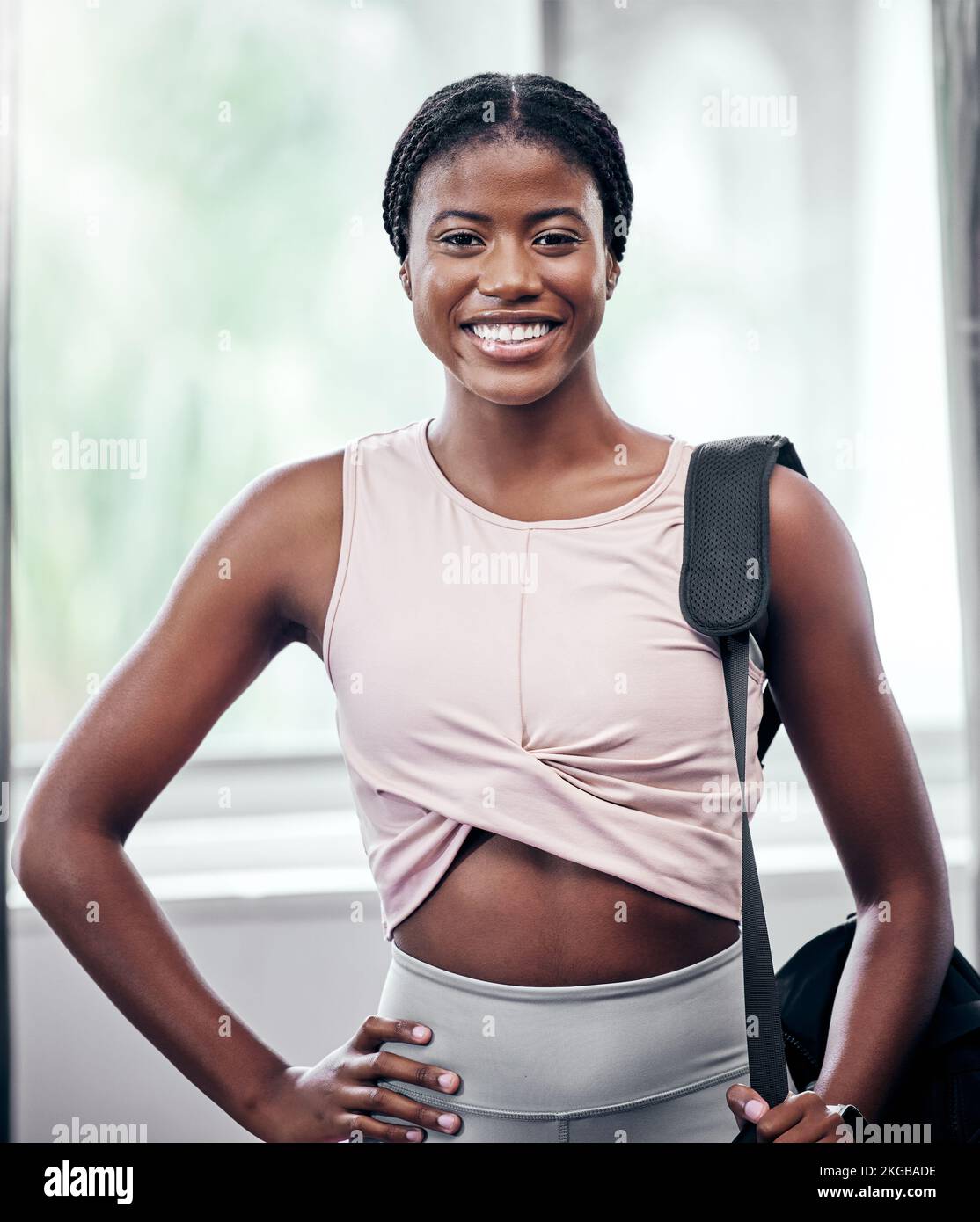 Happy black woman, portrait and bag for gym, training or workout for ...