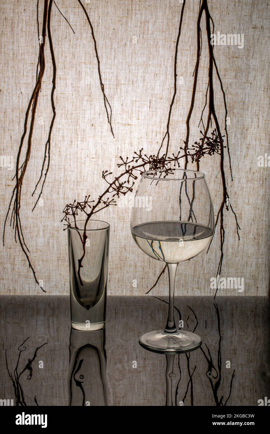 Still life with glass objects and a branchs Stock Photo - Alamy