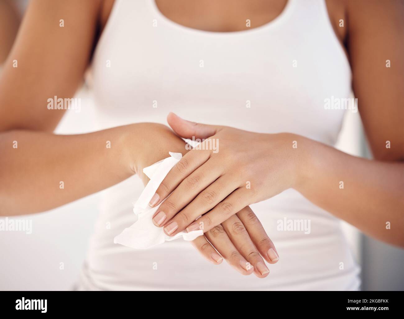 Woman, hand and sanitizer tissue for cleaning and covid 19 for hygiene ...