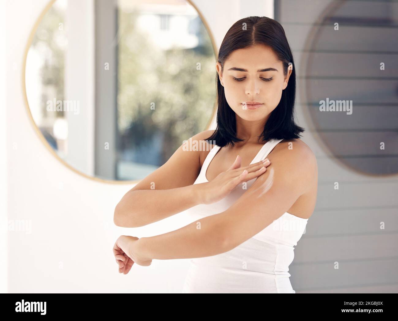 Young woman, cream and skincare for wellness, smooth skin or body care ...