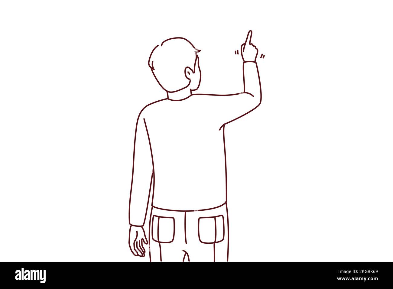 Back view of man pointing at wall with finger. Guy showing with finger ...