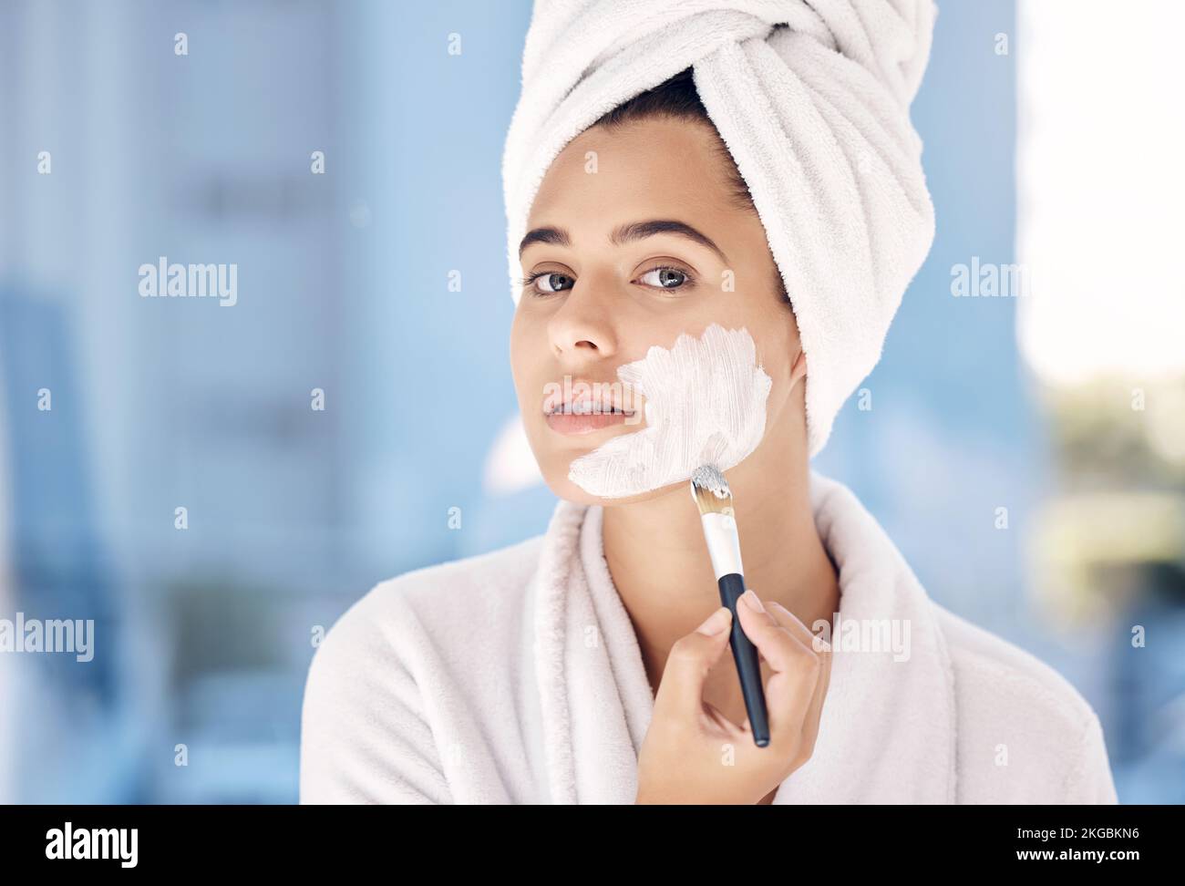 Woman, skincare brush and facial cream, portrait and cosmetic beauty ...