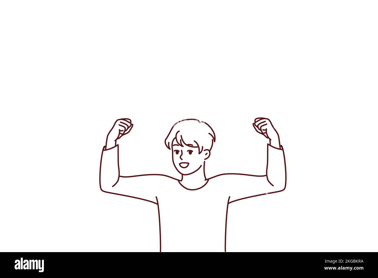 Smiling boy child show muscles dream of becoming big and strong. Happy ...