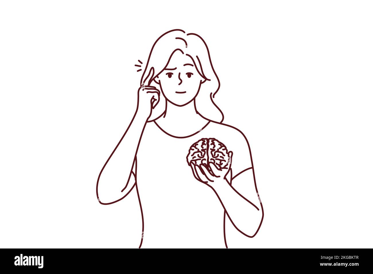 Young woman holding brain hands show at head. Focused female ask to use ...