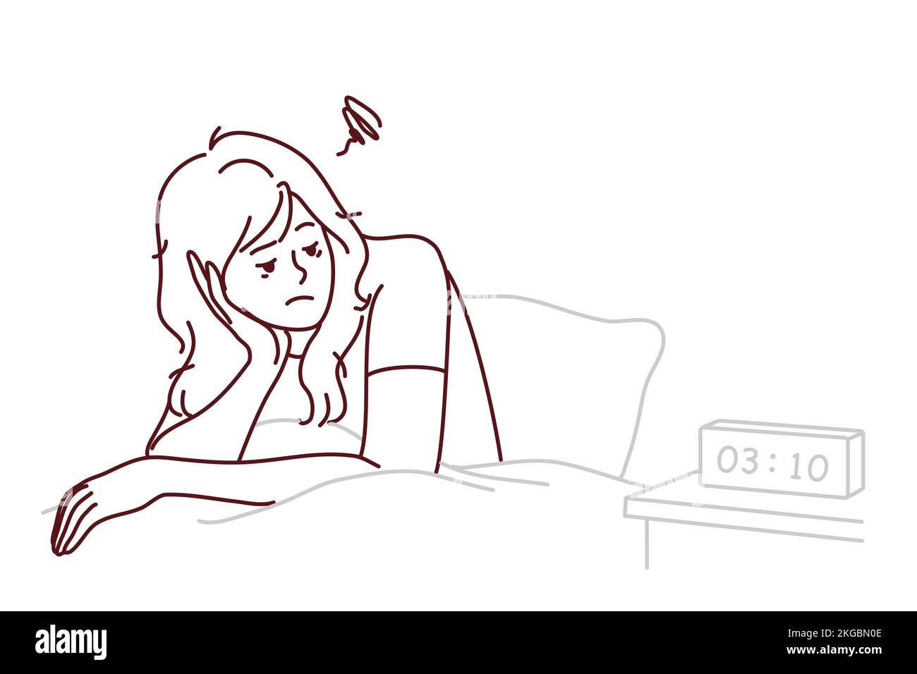 Tired woman sit in bed look at alarm ringing suffer from fatigue and ...