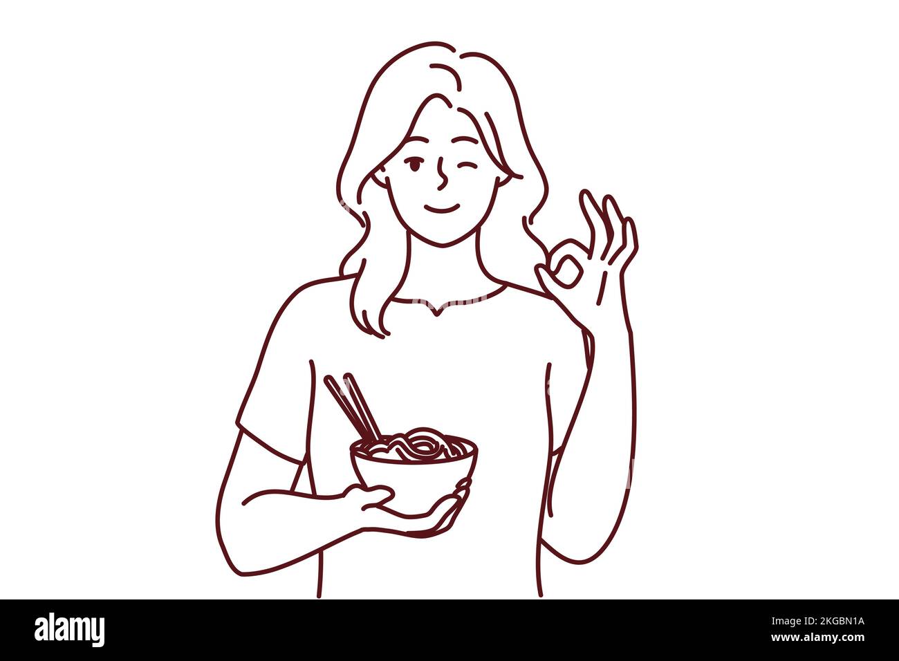 Smiling young woman eating Asian food show all right hand gesture ...