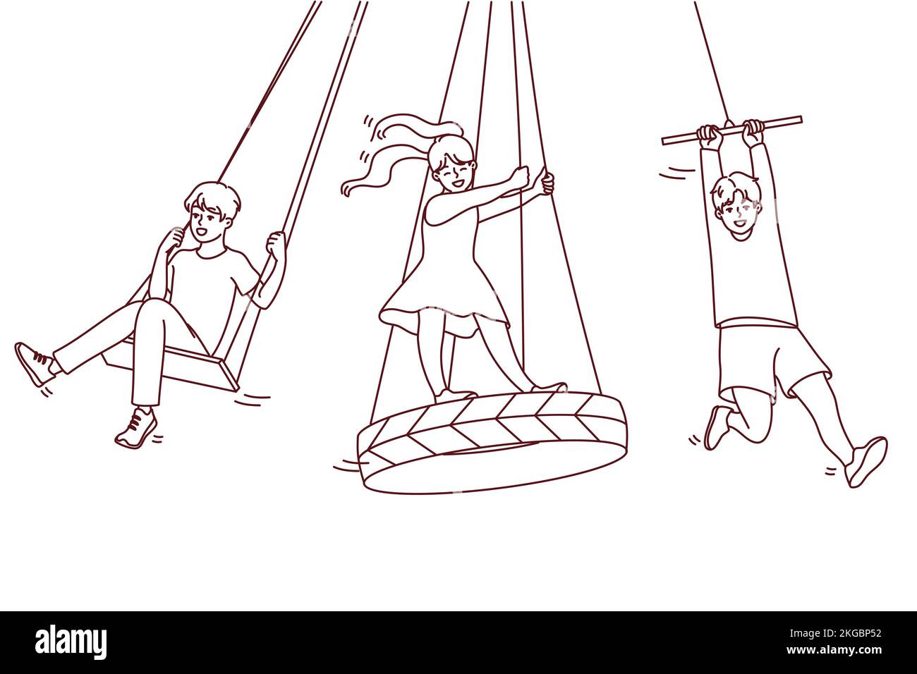 Happy children have fun riding on swings outdoors. Smiling kids enjoy ...