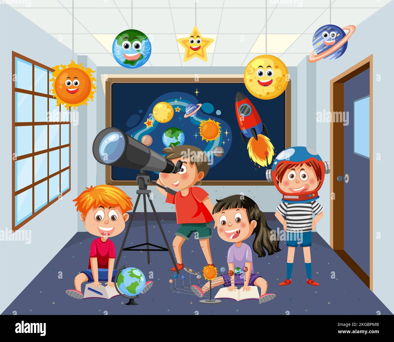 Astronomy theme with kid students illustration Stock Photo - Alamy
