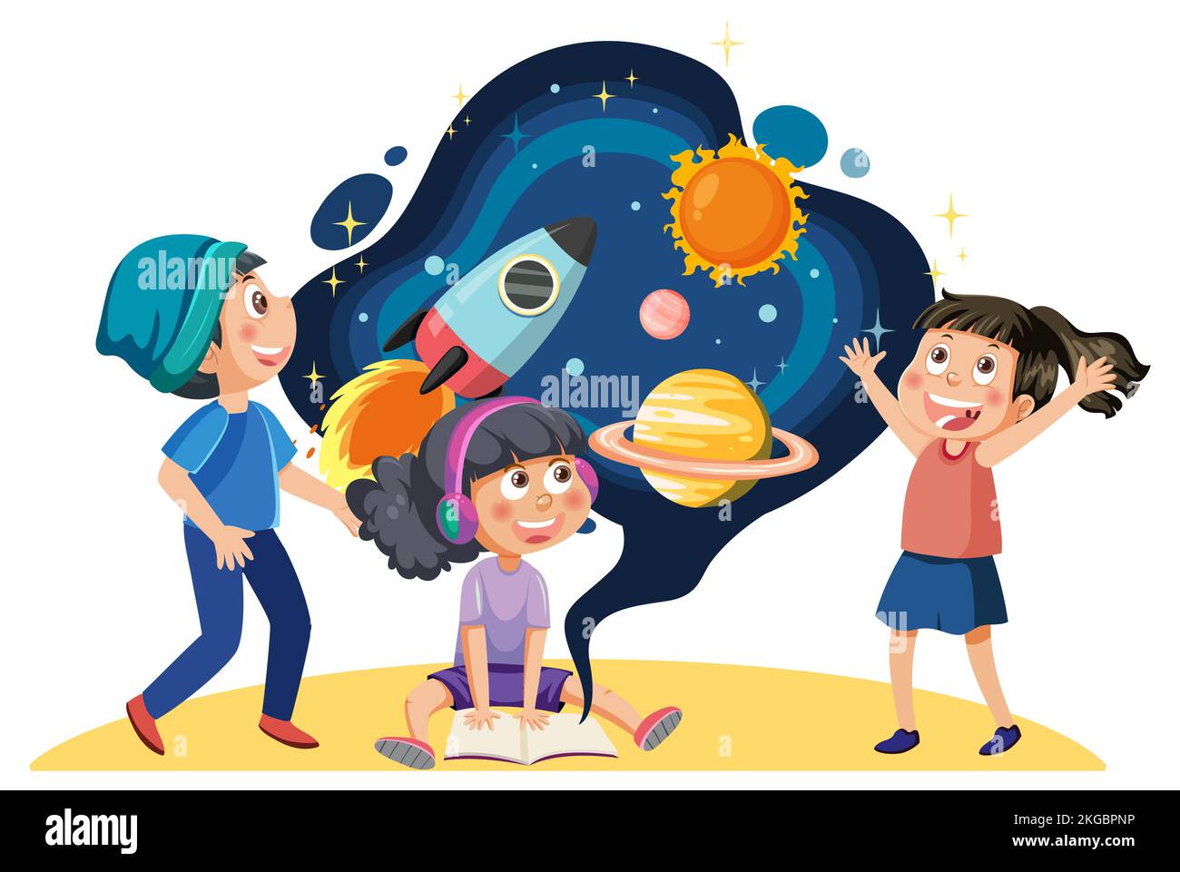 Student kids learning astronomy illustration Stock Photo - Alamy
