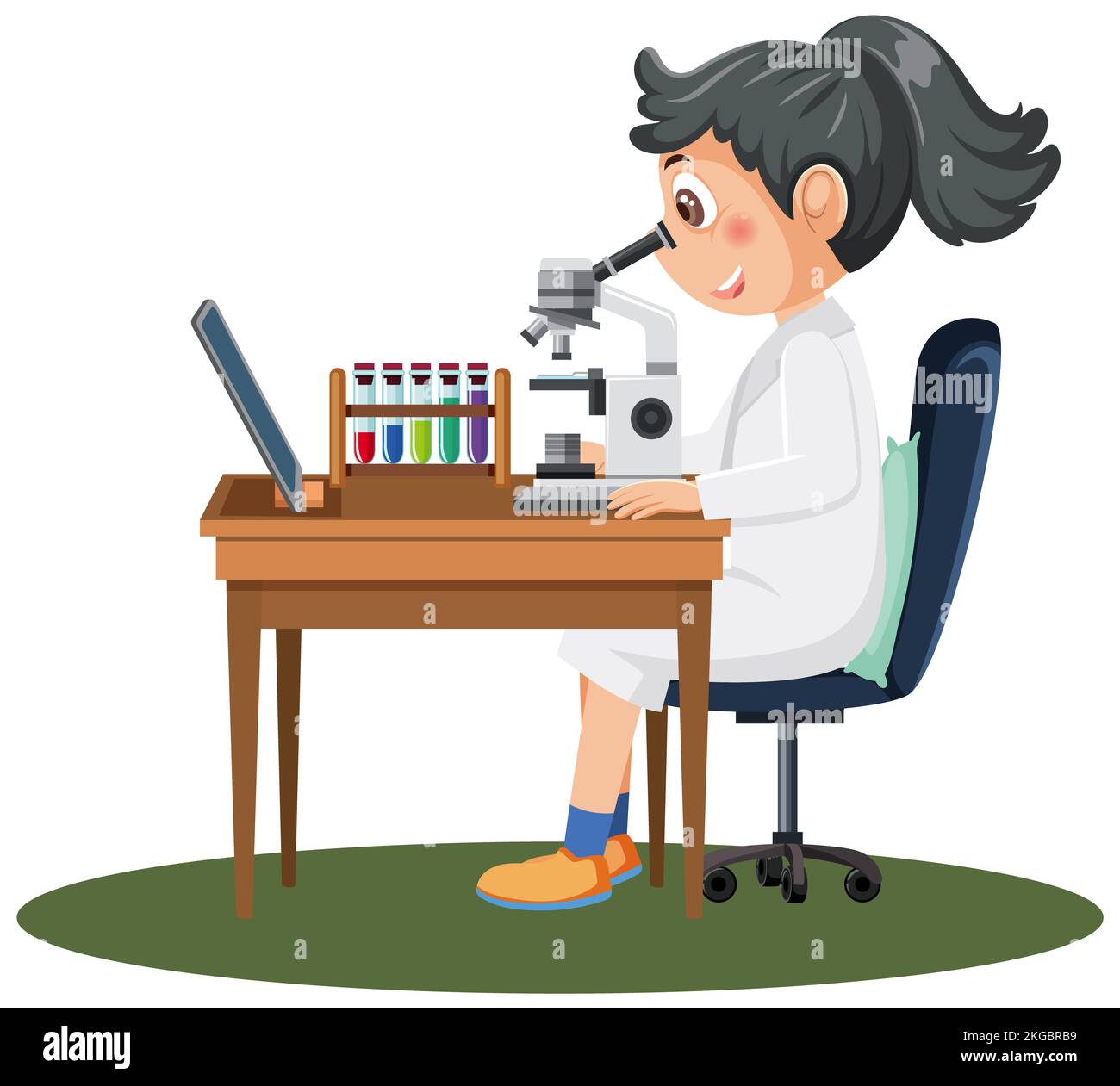 GIrl using microscope for experiment illustration Stock Photo - Alamy