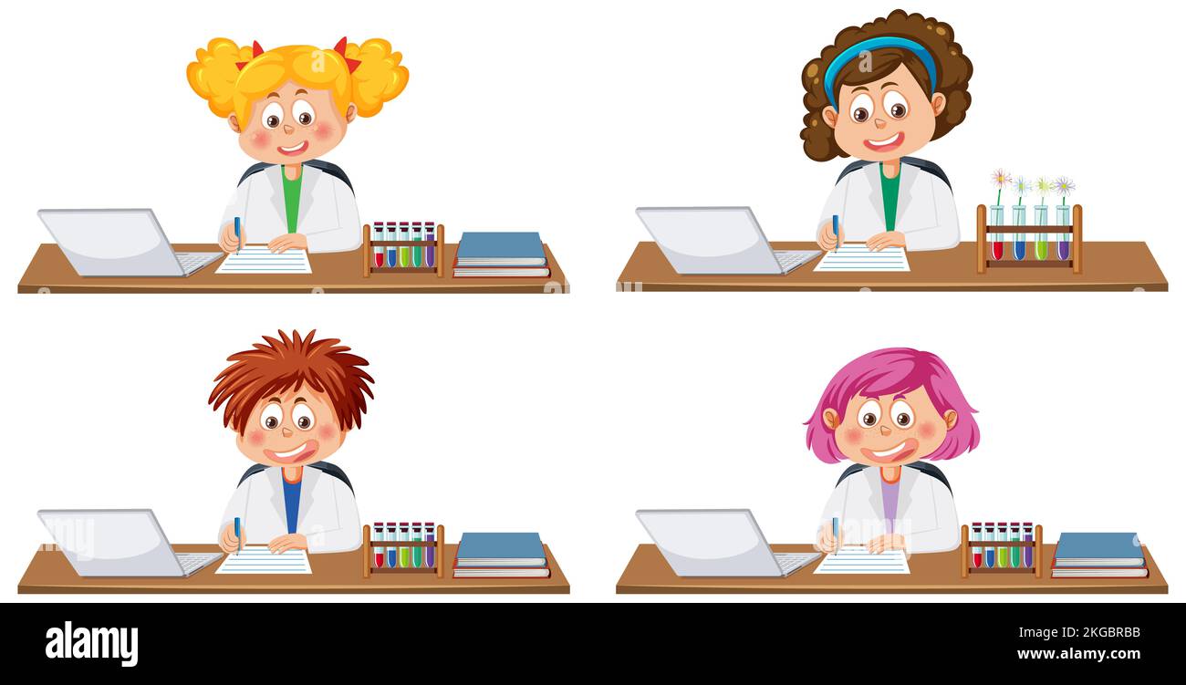 Set of different scientist kids cartoon character illustration Stock ...