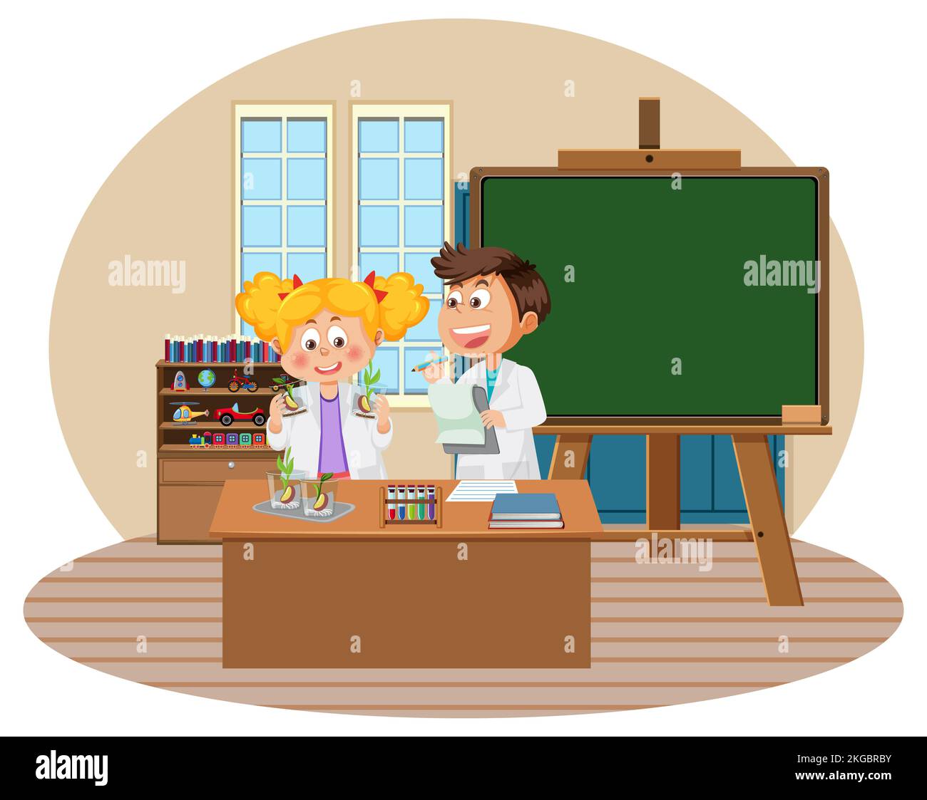 Student kids doing science experiment illustration Stock Photo - Alamy