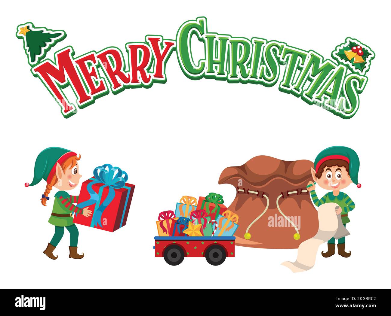 Merry Christmas text with elves cartoon character illustration Stock ...