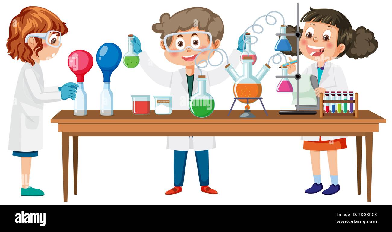 Scientist kids doing chemical experiment illustration Stock Photo - Alamy