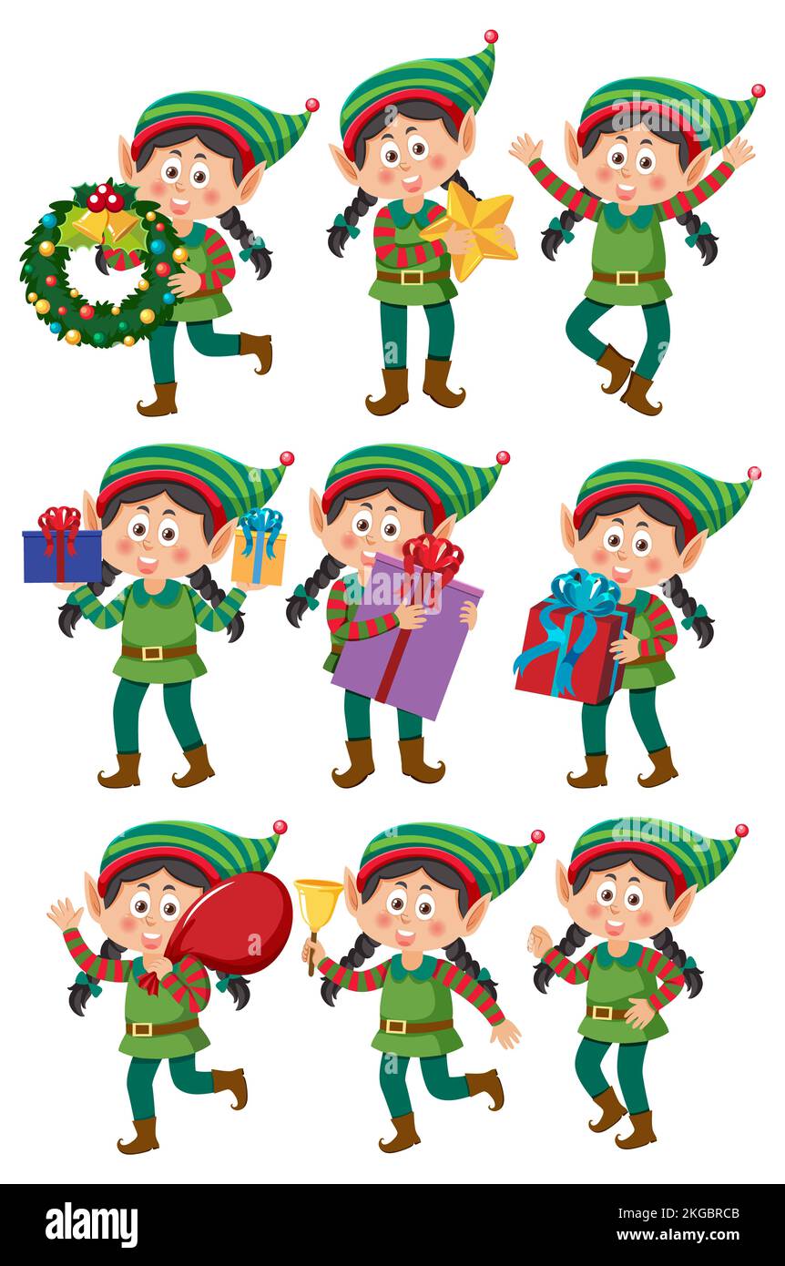 Christmas elves cartoon characters set illustration Stock Photo - Alamy
