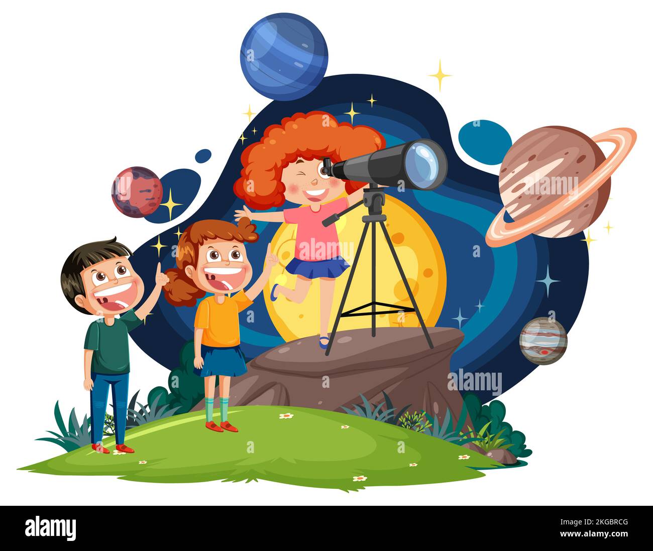 Kids observing planets with telescope illustration Stock Photo - Alamy