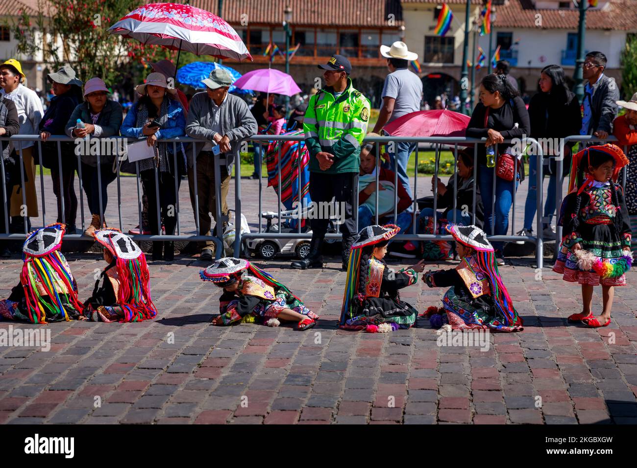 The Peruvian children in colorful traditional costumes during a ...