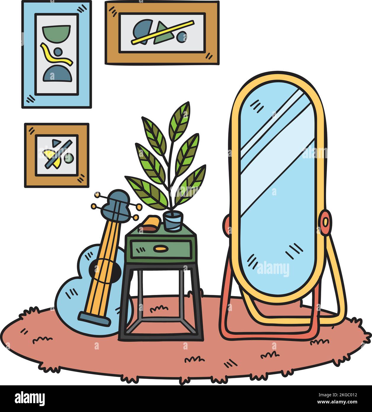 Hand Drawn Mirror with picture frame and guitar interior room ...