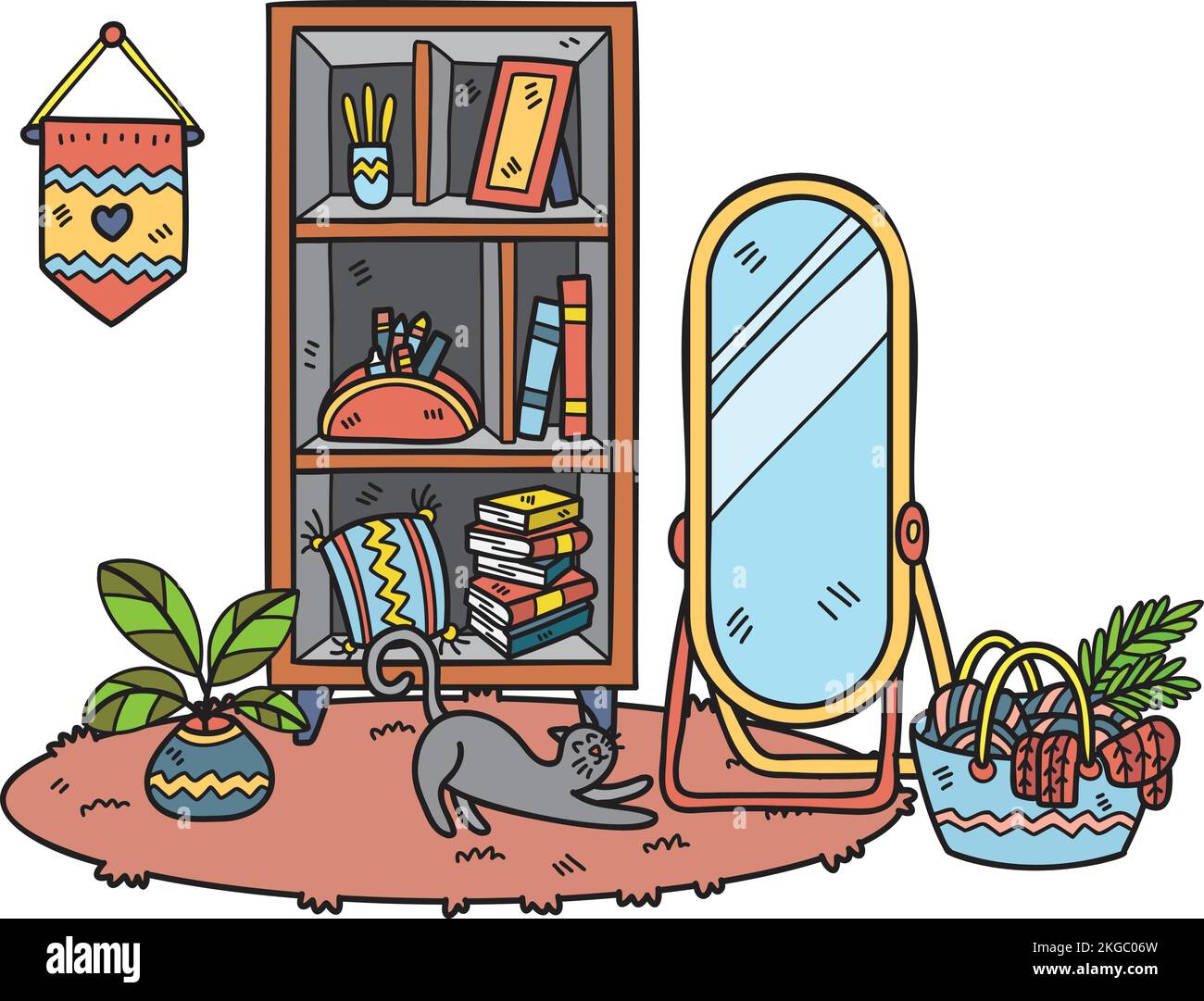 Hand Drawn mirror and bookcase interior room illustration isolated on ... Hand Drawn mirror and bookcase interior room illustration isolated on ...