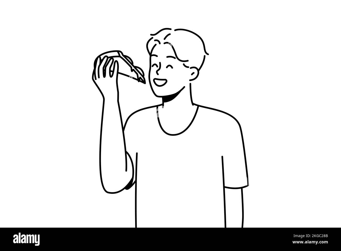 Smiling young man eating slice of pizza. Happy guy enjoy delicious ...