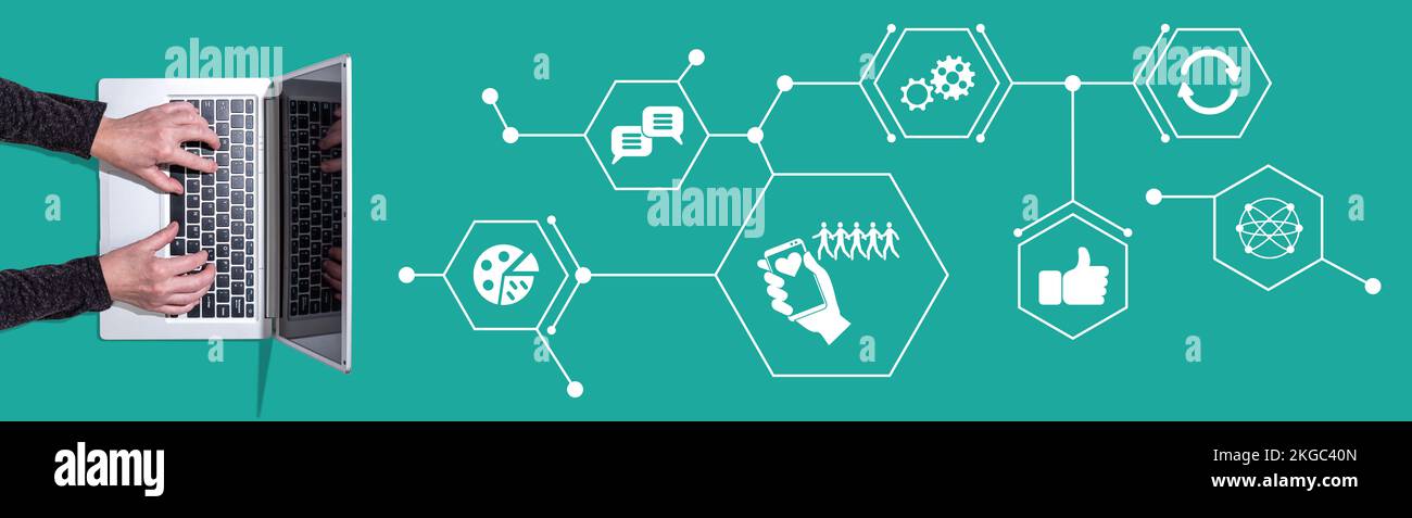 Top view of hands using laptop with symbol of followers concept Stock ...