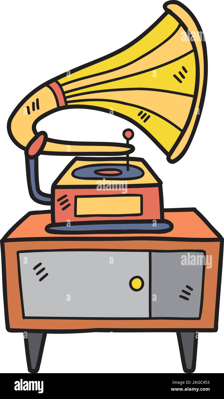 Hand Drawn record player illustration isolated on background Stock ...