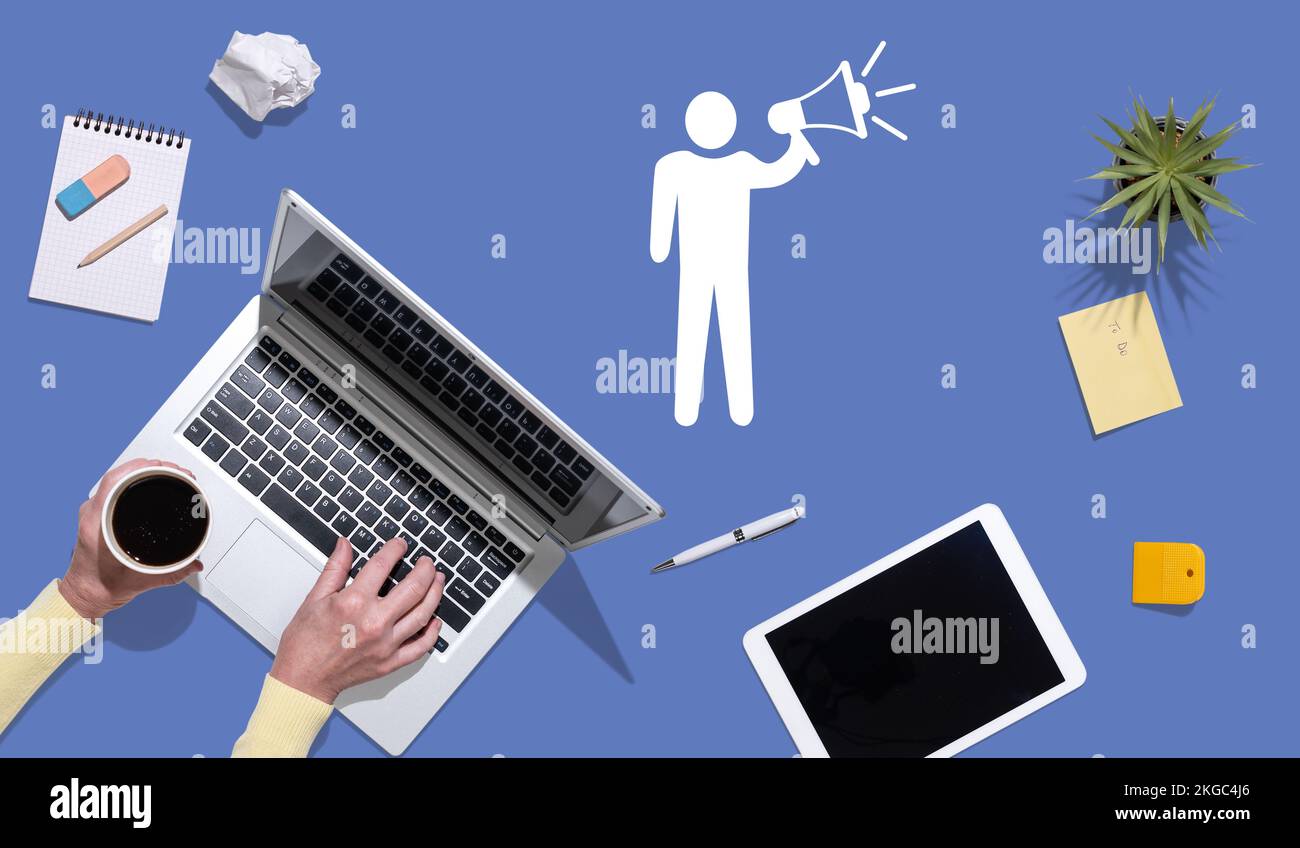 Top view of hands using laptop with symbol of training concept Stock ...