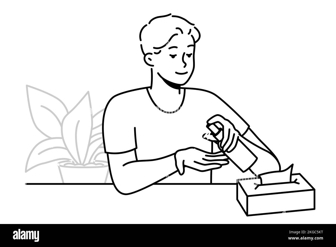 Young man use antiseptic liquid cleaning hands. Guy sanitize hands with ...