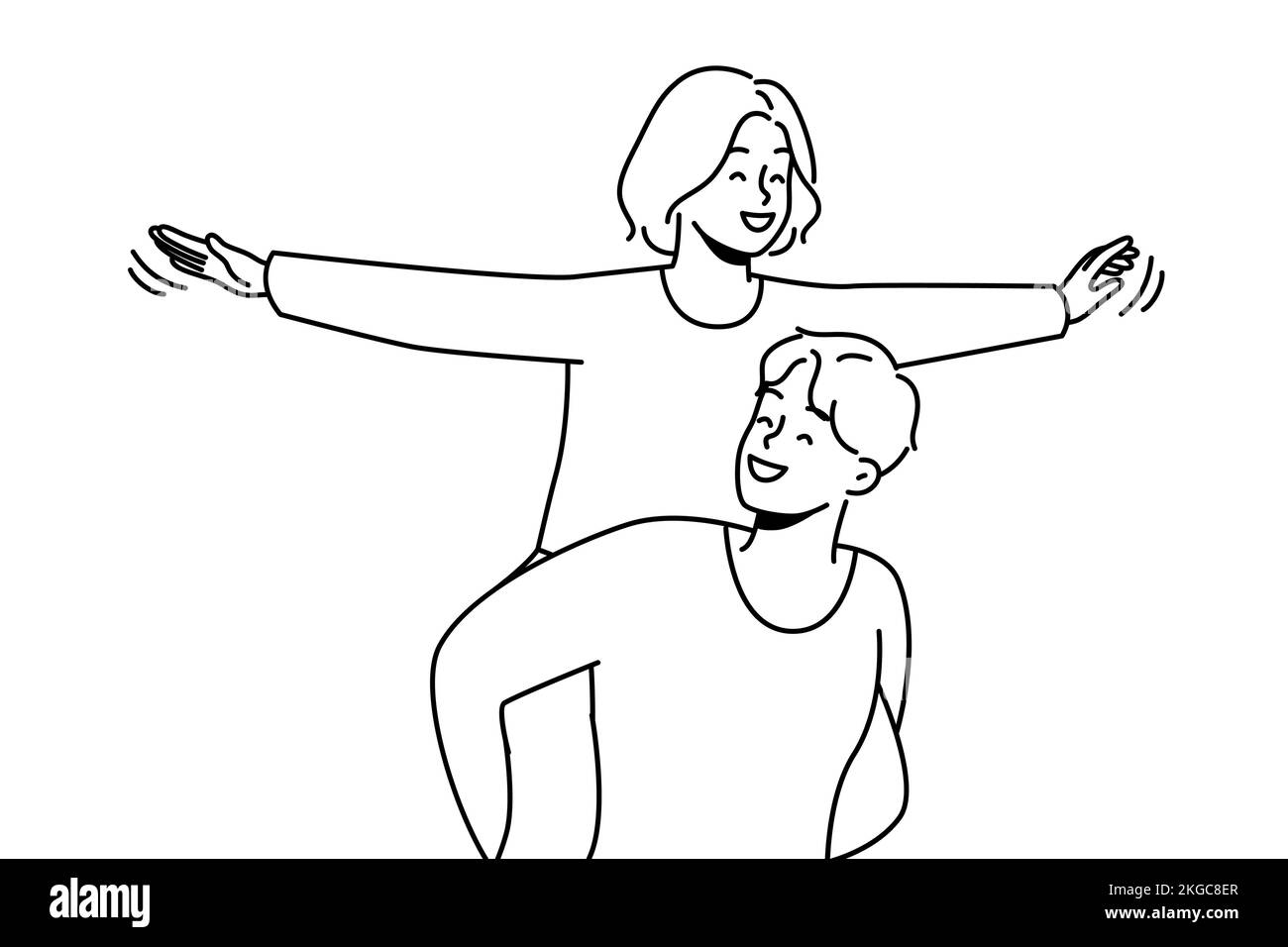 Happy young woman piggyback smiling man have fun together. Loving guy ...