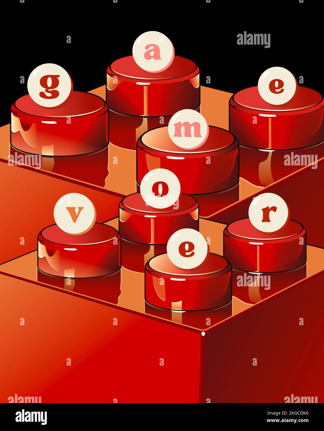 A vertical illustration of a game board with red buttons and "game over ...