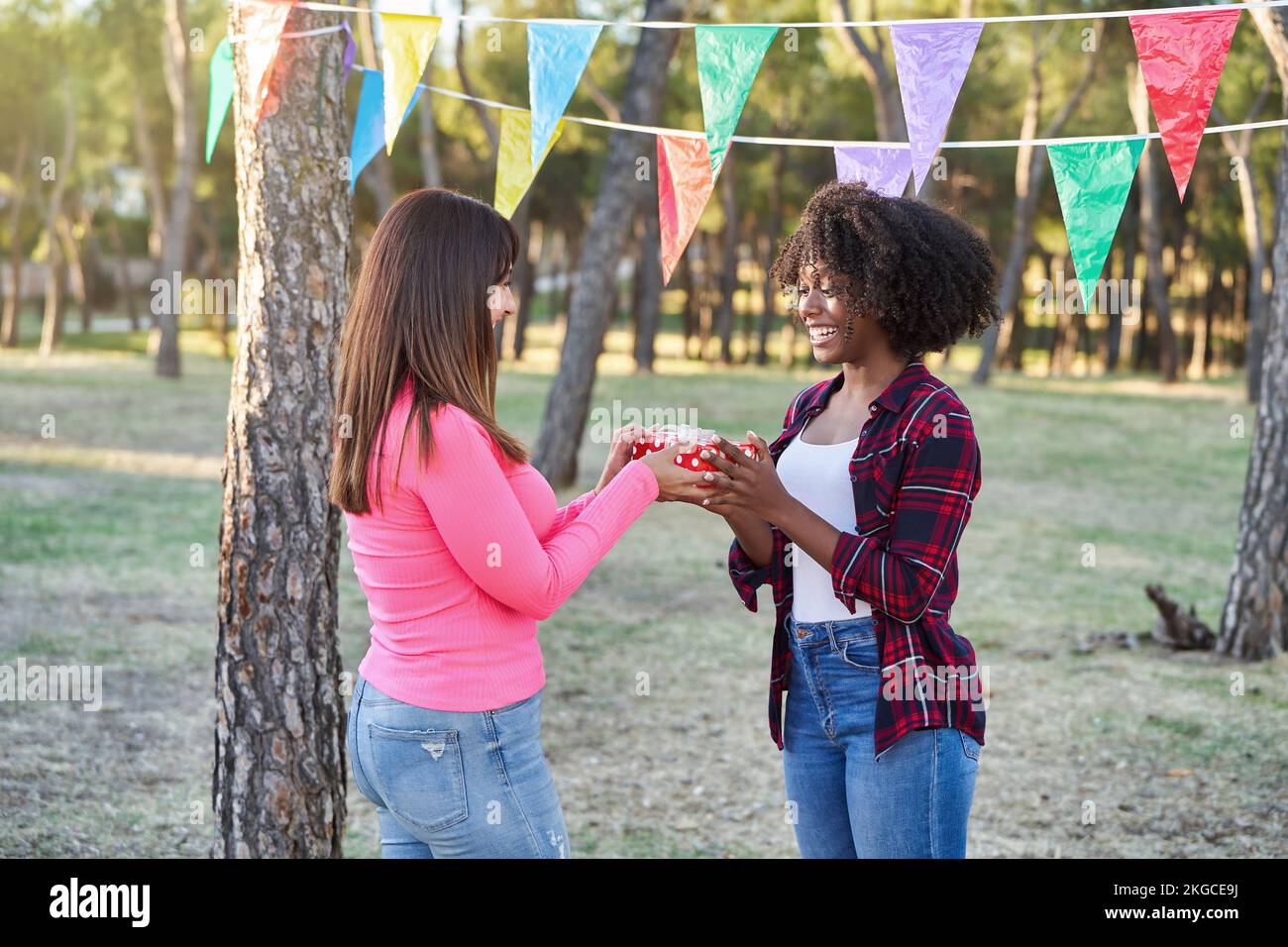 Woman giving a gift to her friend while having a party outdoors in a ...