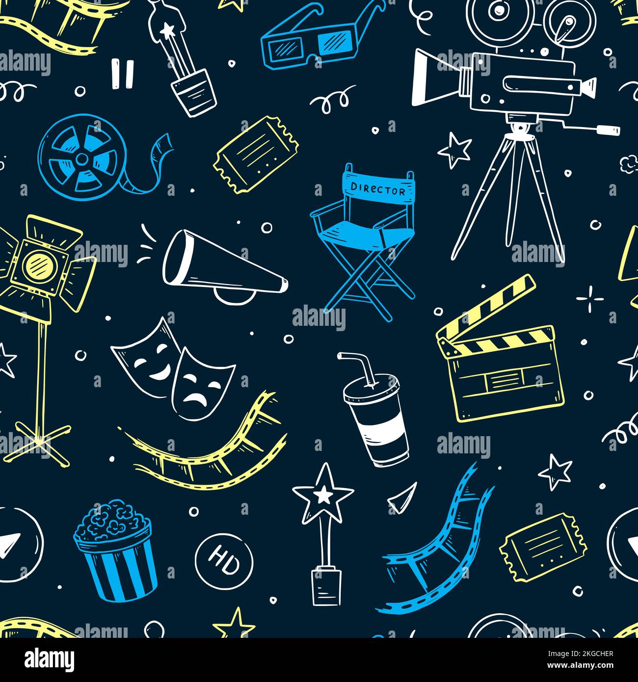 Movie, cinema vector pattern. Doodle hand drawn sketch style movie ...