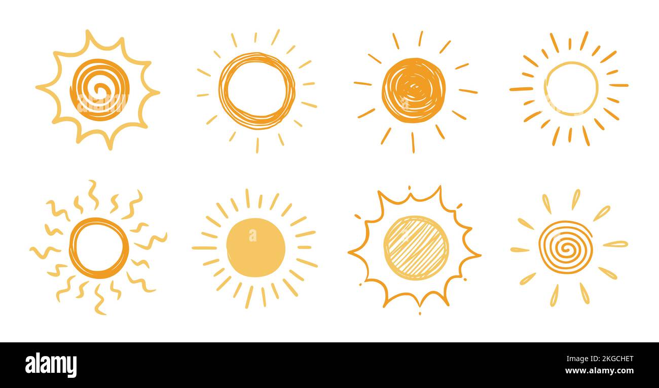 Doodle sun sketch illustration. Hand drawn cute yellow, orange sun set ...