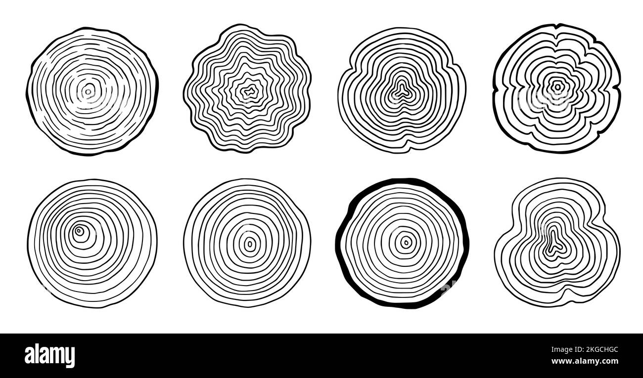 Tree ring wood circle set. Hand drawn tree ring pattern, line ripple ...